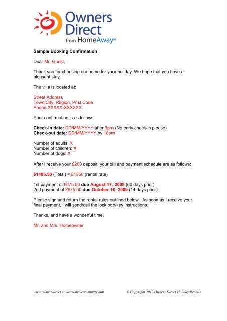 Holiday Letting Rental Contract - Owners Direct