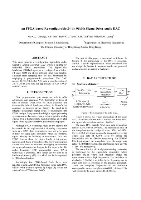 An FPGA-based re-configurable 24-bit 96khz sigma-delta audio dac An FPGA-based re-configurable 24-bit 96khz sigma-delta audio dac