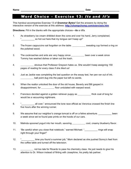 Word Choice â Exercise 13: Its and It's - Grammar Bytes!