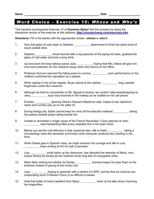 Word Choice â Exercise 10: Whose and Who's - Grammar Bytes!