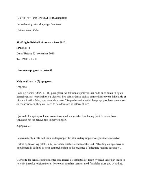 Tidligere eksamensoppgaver - Universitetet i Oslo