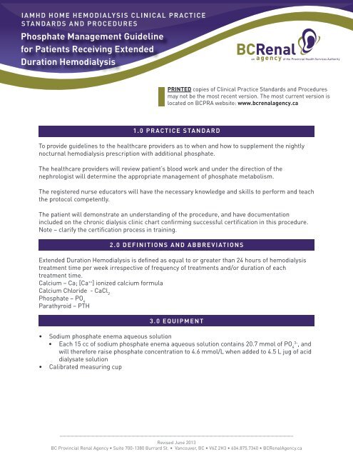 Phosphate Management Guideline for Patients ... - BC Renal Agency