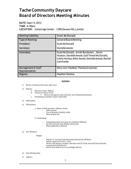 Tache Community Daycare Board of Directors Meeting Minutes