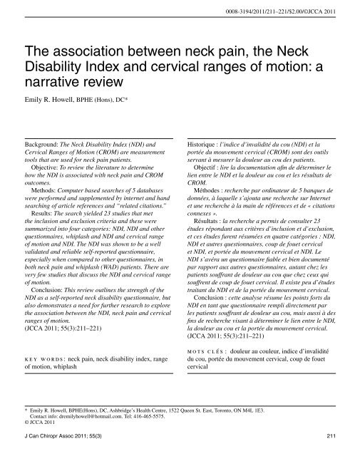 The association between neck pain, the Neck Disability Index and ...