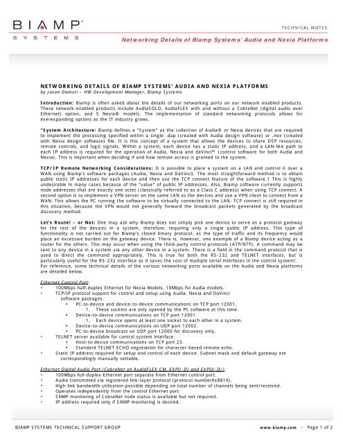 NETWORKING DETAILS OF BIAMP SYSTEMS' AUDIA AND NEXIA ...