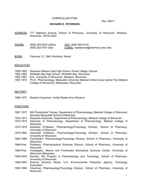 CURRICULUM VITAE Rev. 8/9/11 RICHARD E. PETERSON ...
