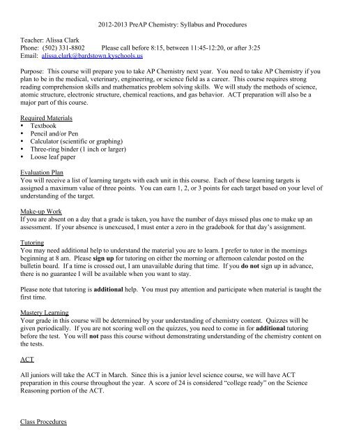 Pre-AP Chemistry - eSchoolView