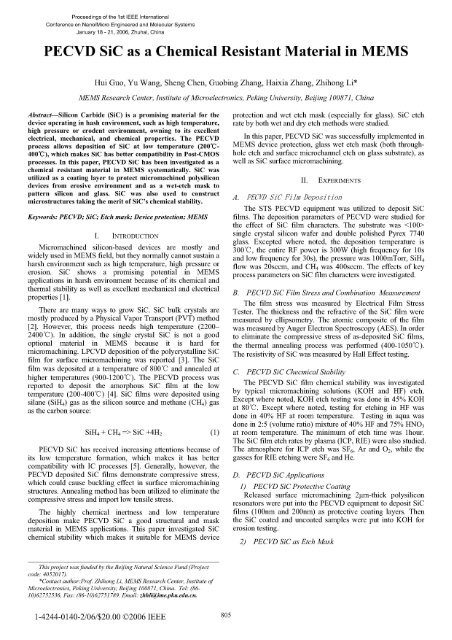 PECVD SiC as a Chemical Resistant Material in MEMS - IEEE Xplore