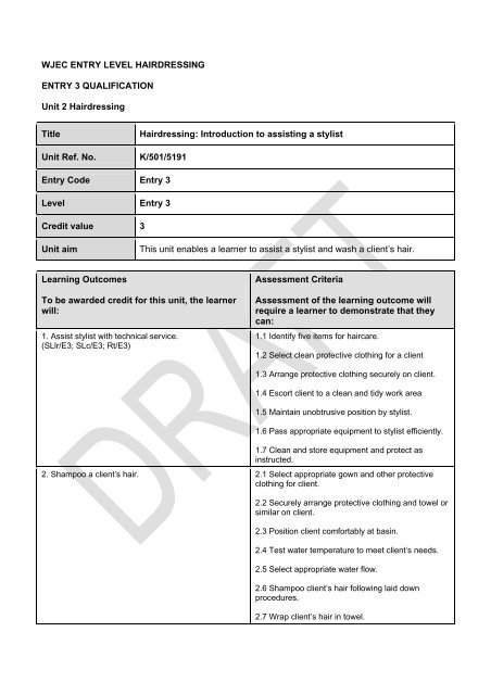 WJEC ENTRY LEVEL HAIRDRESSING