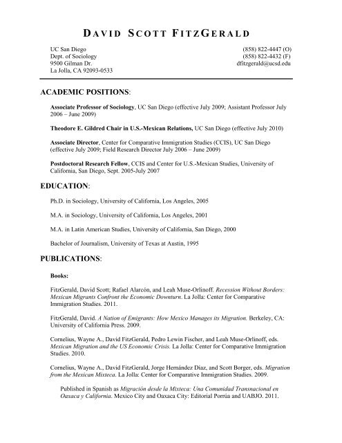 David FitzGerald's CV - Center for Comparative Immigration Studies ...