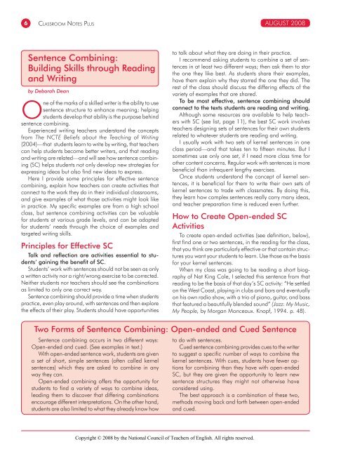 Sentence Combining: Building Skills through Reading and Writing