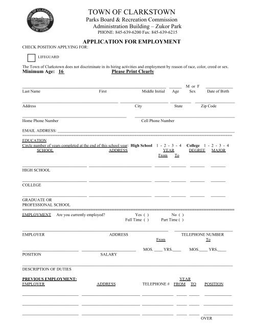 Lifeguard Application - Town of Clarkstown