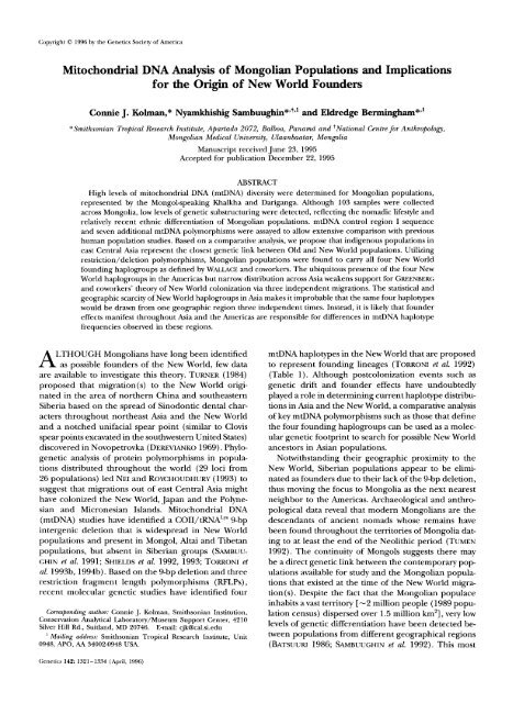 Mitochondrial DNA Analysis of Mongolian Populations ... - Genetics