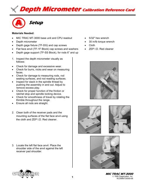 Depth Micrometer Calibra it on Reference Card - Gagemaker