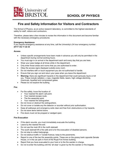 Fire and Safety Information for Visitors and Contractors