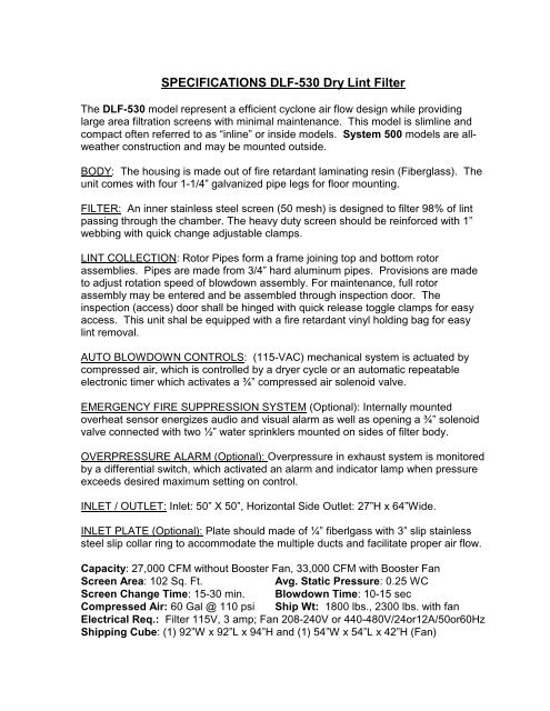 SPECIFICATIONS DLF-530 Dry Lint Filter - Clean Cycle Systems