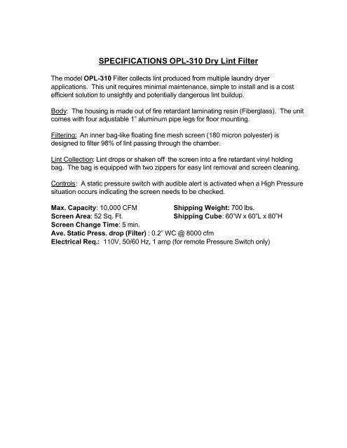 SPECIFICATIONS OPL-310 Dry Lint Filter - Clean Cycle Systems
