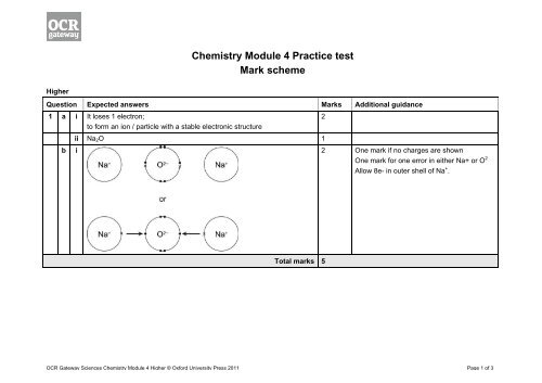 Chemistry Module 4 Practice test Mark scheme - Kingsdown School