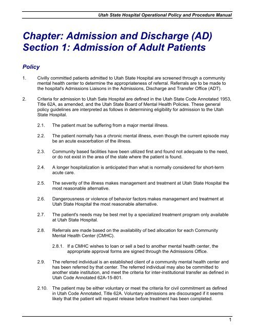 Chapter: Admission and Discharge (AD) - Utah State Hospital