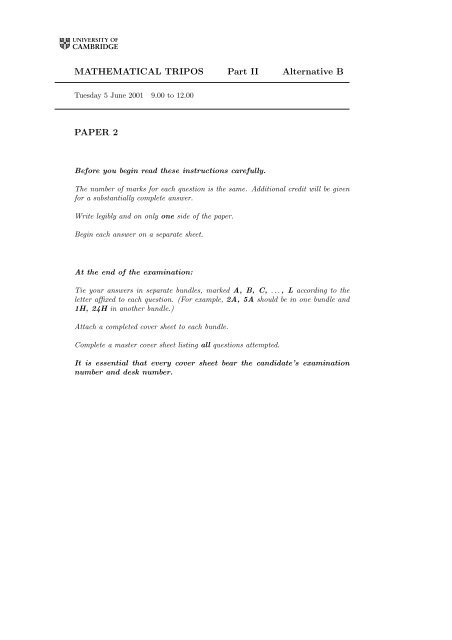 MATHEMATICAL TRIPOS Part II Alternative B PAPER 2