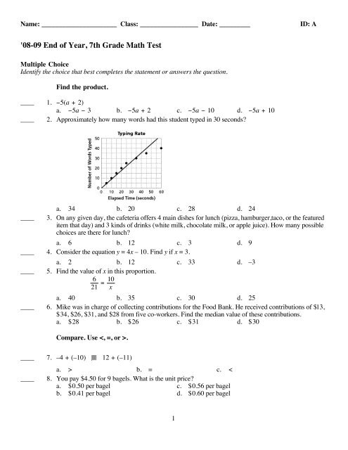  08 09 End Of Year 7th Grade Math Test Luverne Public Schools