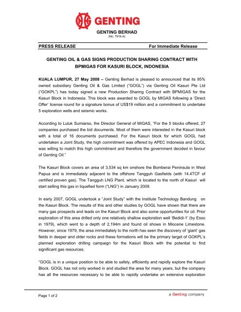 GENTING BERHAD PRESS RELEASE For ... - Genting Group