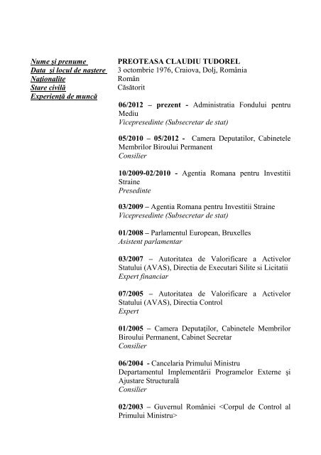 Nume Å i prenume PREOTEASA CLAUDIU TUDOREL Data Å i locul ...