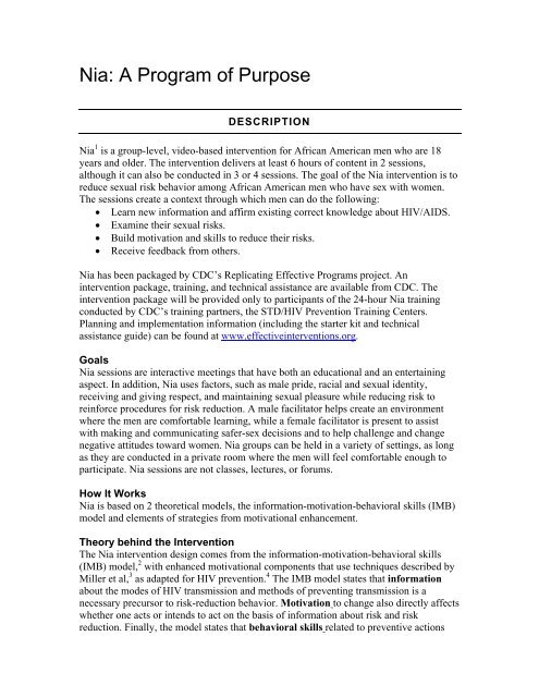 Nia: A Program of Purpose - Diffusion of Effective Behavioral ...