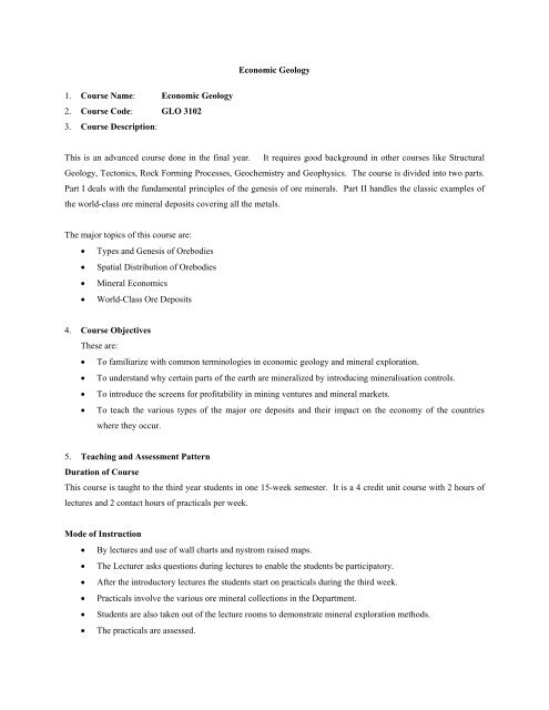 Economic Geology 2. Course Code: GLO 3102 3. Course Description