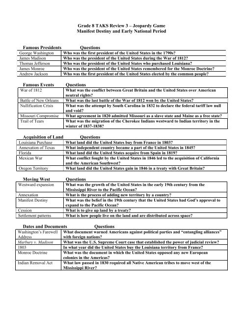 Grade 8 TAKS Review 3 â Jeopardy Game Manifest Destiny and ...