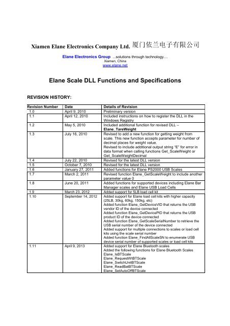 Elane Scale DLL Functions and Specifications - Elane.net Home