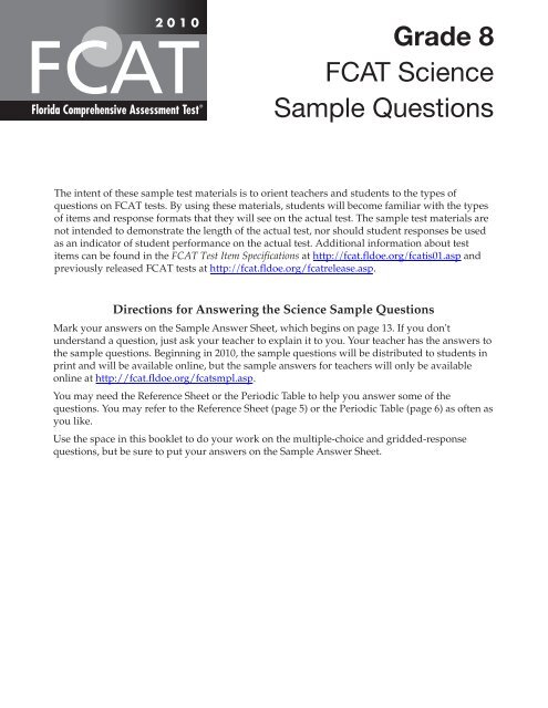 Grade 8 FCAT Science Sample Questions 2010 - Bureau of K-12 ...