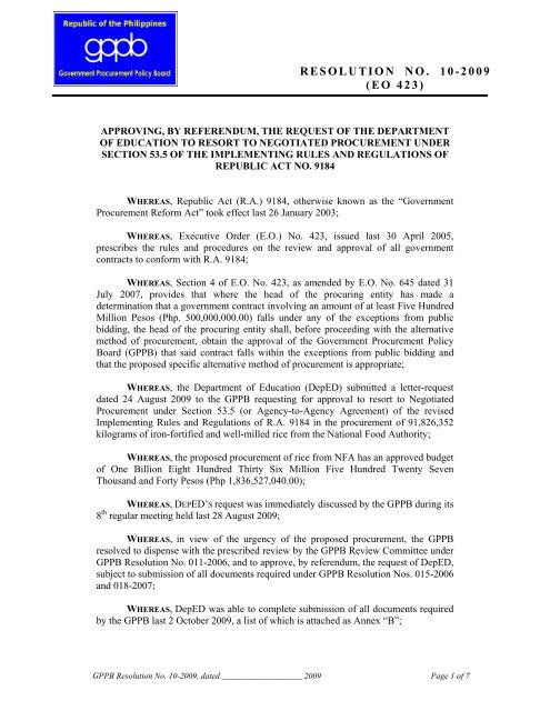 RESOLUTION NO. 10-2009 (EO 423) - GPPB