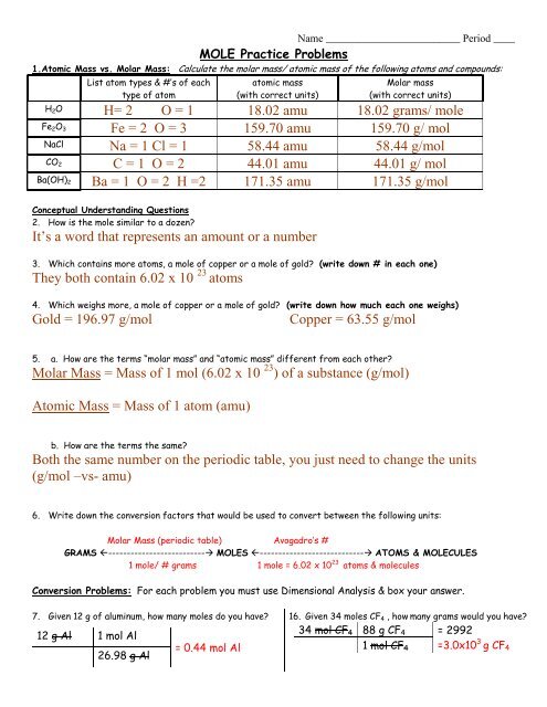 32 Moles Molecules And Grams Worksheet Support Worksheet