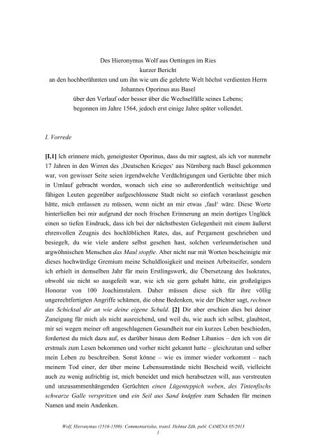 Des Hieronymus Wolf aus Oettingen im Ries kurzer Bericht an den ...