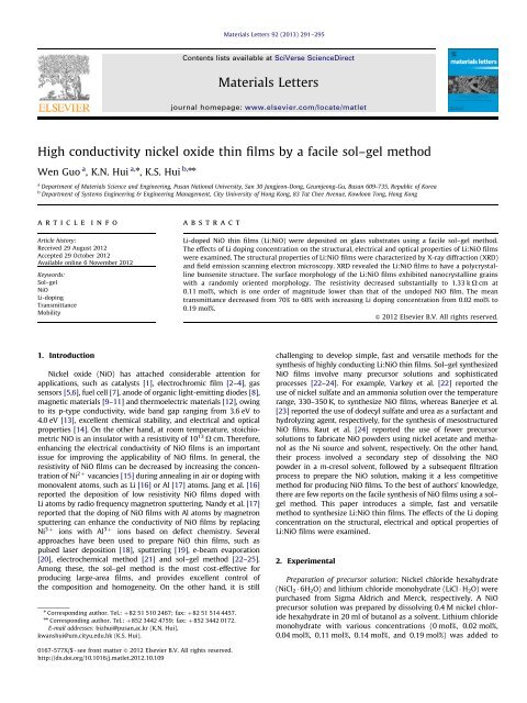High conductivity nickel oxide thin films by a facile solâ gel method