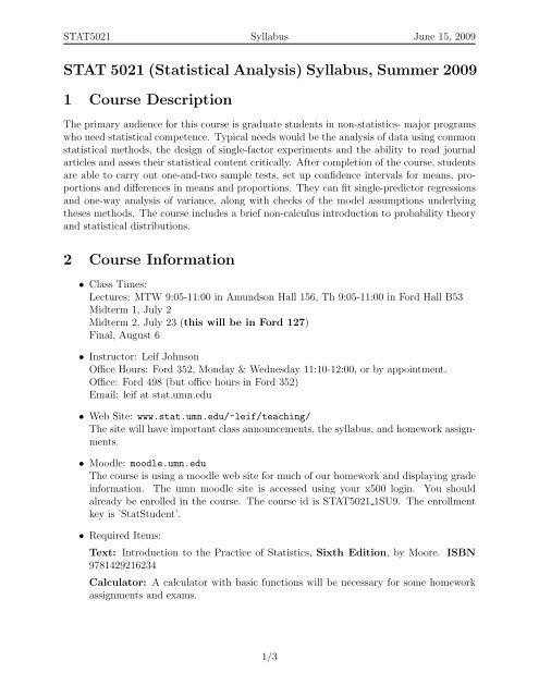 STAT 5021 (Statistical Analysis) Syllabus, Summer 2009 1 Course ...