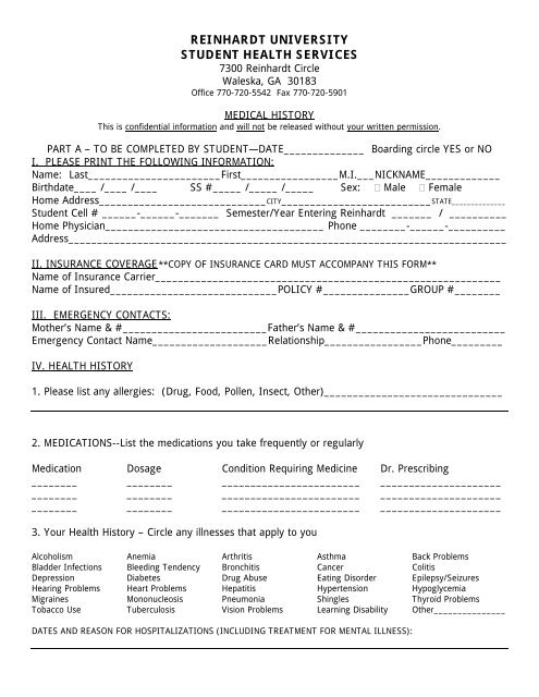 Health Form / Medical History / Immunization - Reinhardt University