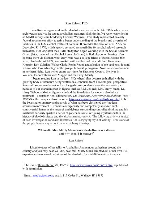 Ron Roizen began work in the alcohol social ... - William L. White