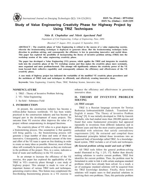 Study of Value Engineering Creativity Phase for Highway Project by ...