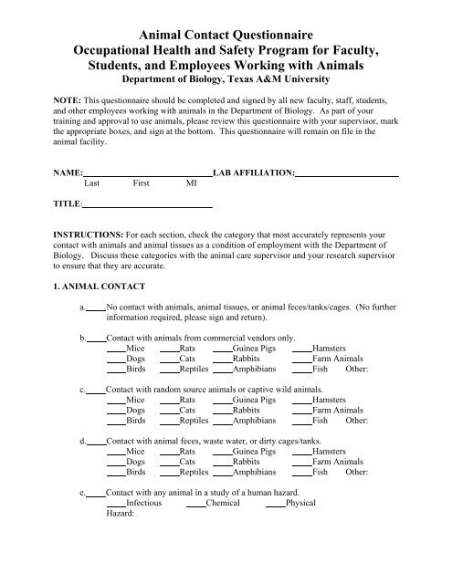 Animal Contact Questionnaire Occupational Health and Safety ...