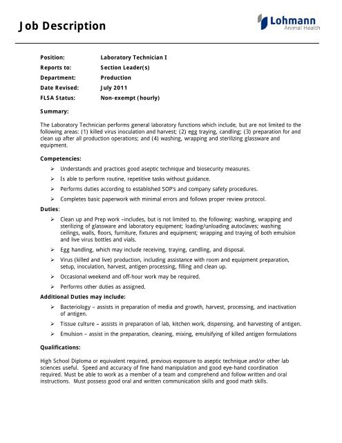 Job Description - Lohmann Animal Health