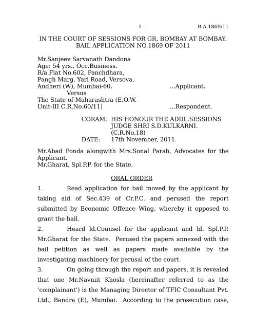 IN THE COURT OF SESSIONS FOR GR BOMBAY AT BOMBAY in-the-court-of-sessions-for-gr-bombay-at-bombay