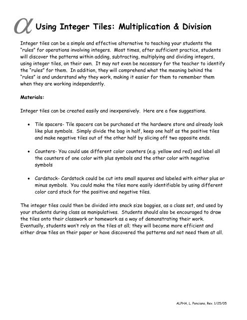 Using Integer Tiles: Multiplication & Division (6 - Algebra 1)