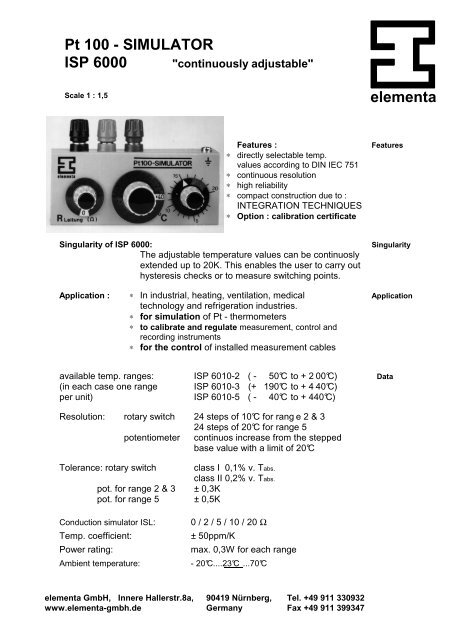 elementa Pt 100 - SIMULATOR ISP 6000 - elementa GmbH