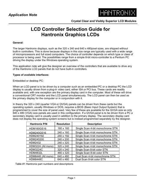 LCD Controller Selection Guide for Hantronix ... - Hantronix, Inc
