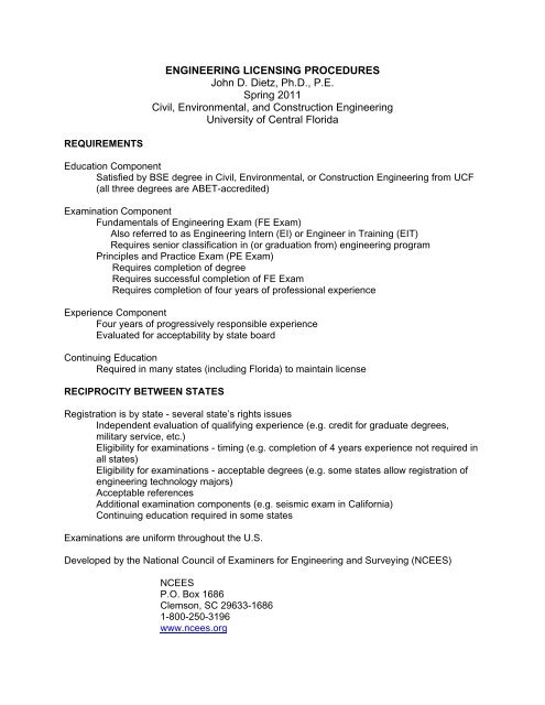 ENGINEERING LICENSING PROCEDURES John D. Dietz, Ph.D ...
