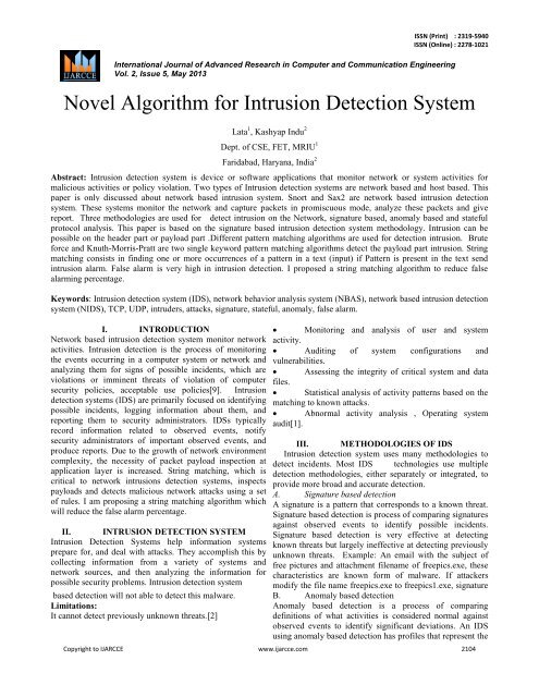 Novel Algorithm for Intrusion Detection System - Ijarcce.com