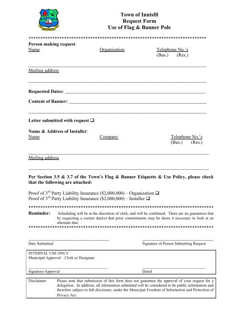 Use of Flag and Banner Pole Request Form - Town of Innisfil