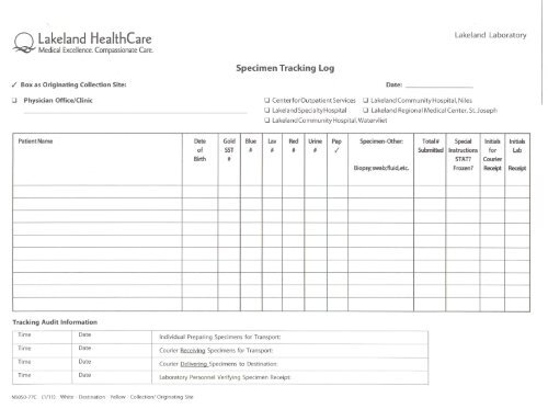 SPECIMEN TRACKING LOG AND INSTRUCTIONS FOR ...